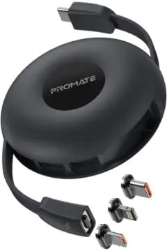 PROMATE 3-in-1 Auto-Recoil USB-C Cable with Magnetic USB-C, Lightning ...