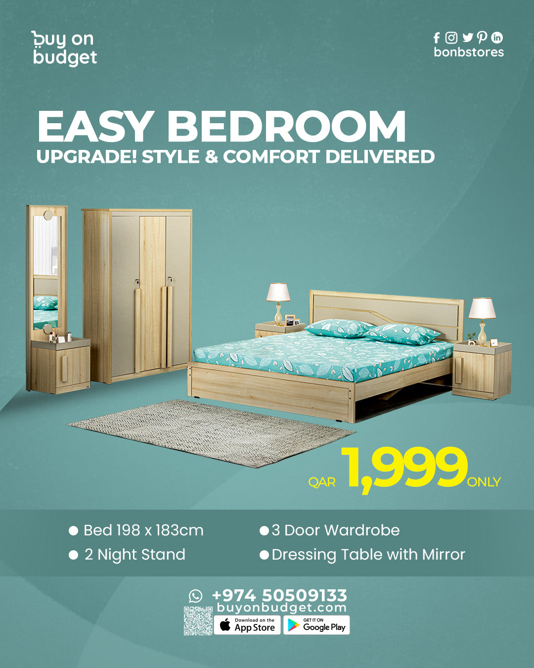 Austin Bedroom Set 198x183cm - (Bed, Wardrobe, Bedside table, Dressing ...